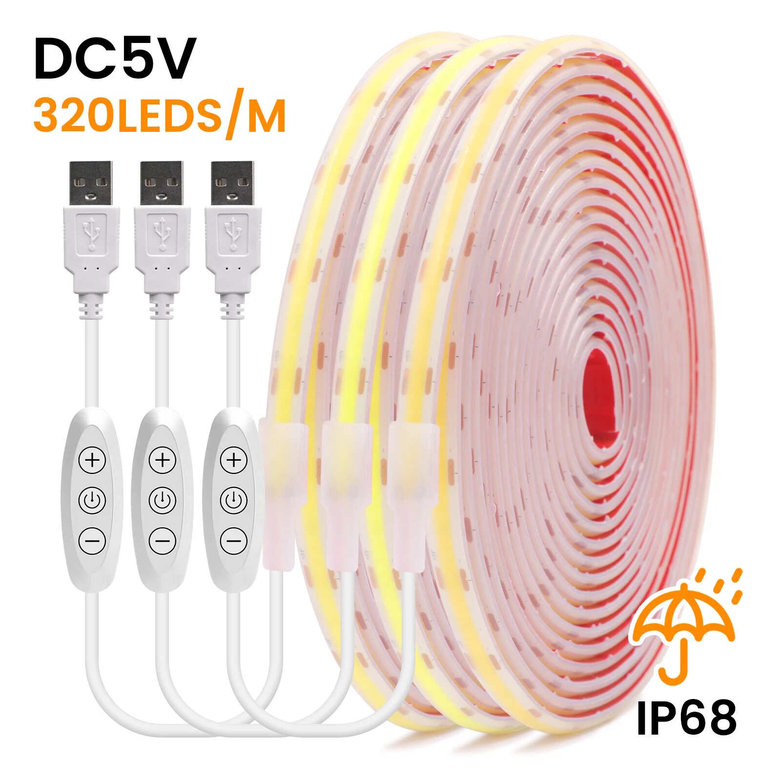 IP68 Водонепроницаемая светодиодная лента DC5V COB с регулируемой яркостью USB COB Клейкая лента Диодная лента 320 светодиодов RA90 3000K 4000K 6000K Подсветка телевизора