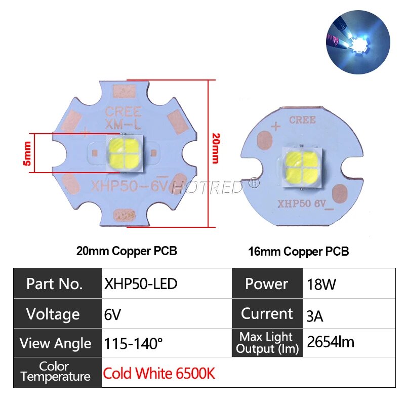 Светодиод XHP50 18W 6V 3A 20mm Cold White 6500K