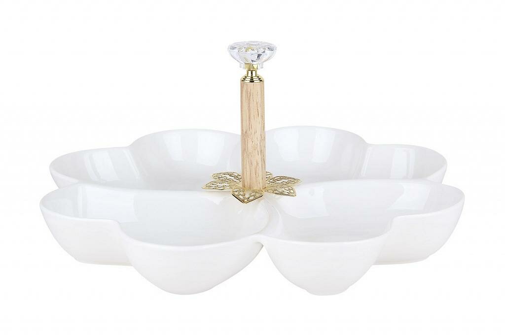 Менажница фарфор 4 секции 25СМ коралл белая с золотым