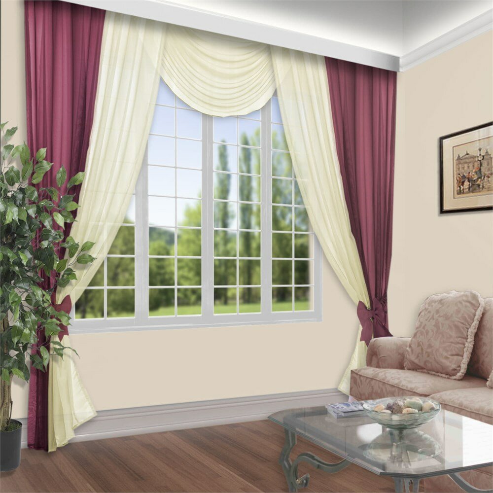 Комплект легких штор с ламбрекеном, кремовый/бордовый