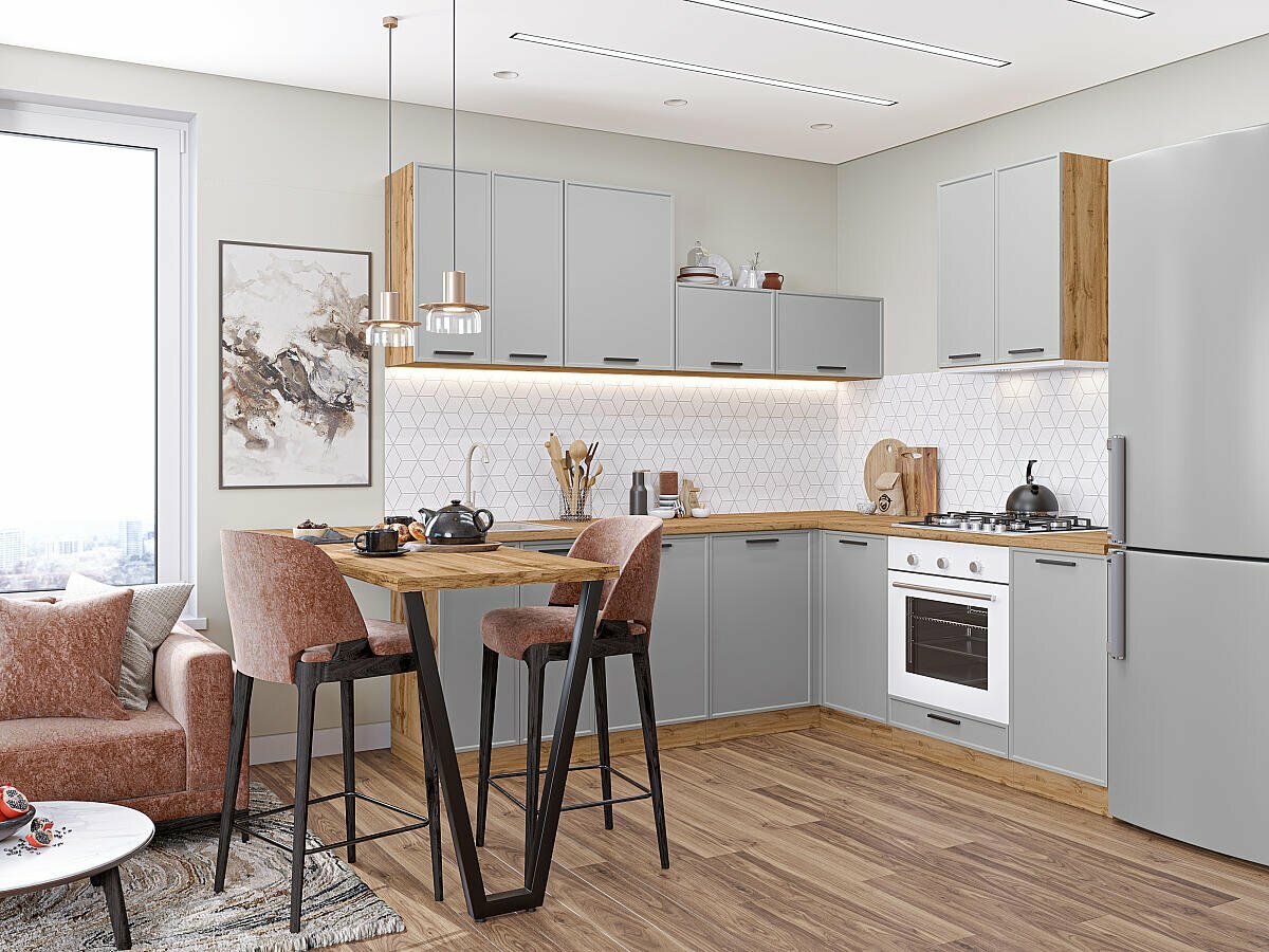 Кухня Фрейм-03, цвет фасада Grey Silk, цвет каркаса Дуб Вотан, 2140*2200/2000*600 мм