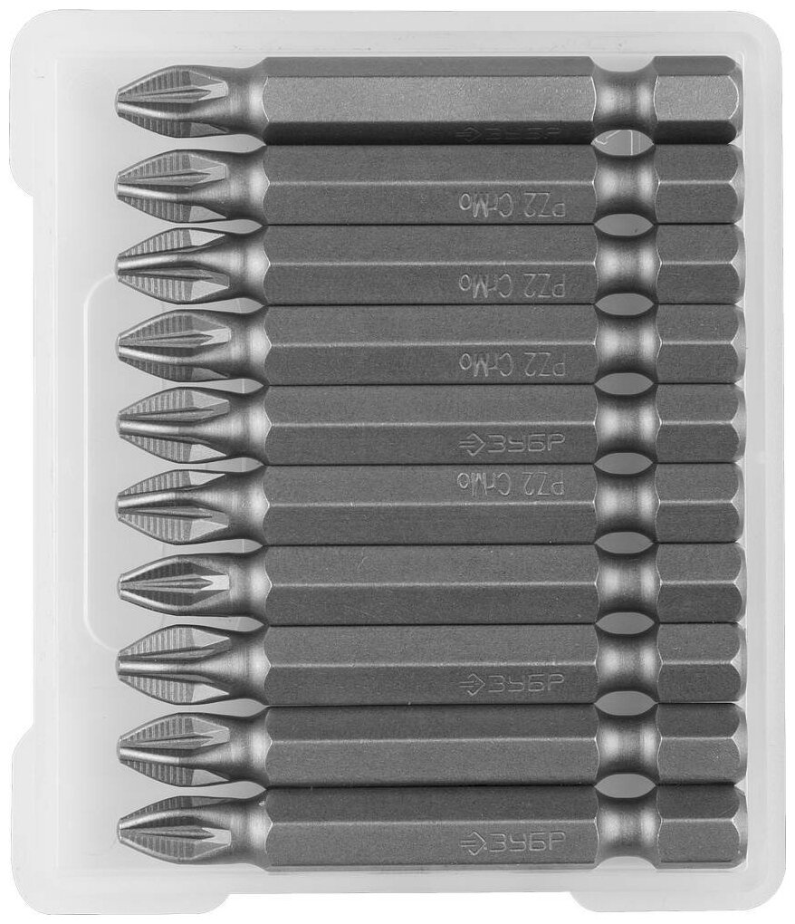 Биты ЗУБР ″Мастер″ кованые, хромомолибденовая сталь, тип хвостовика E 1/4″, PZ2, 50мм, 10шт