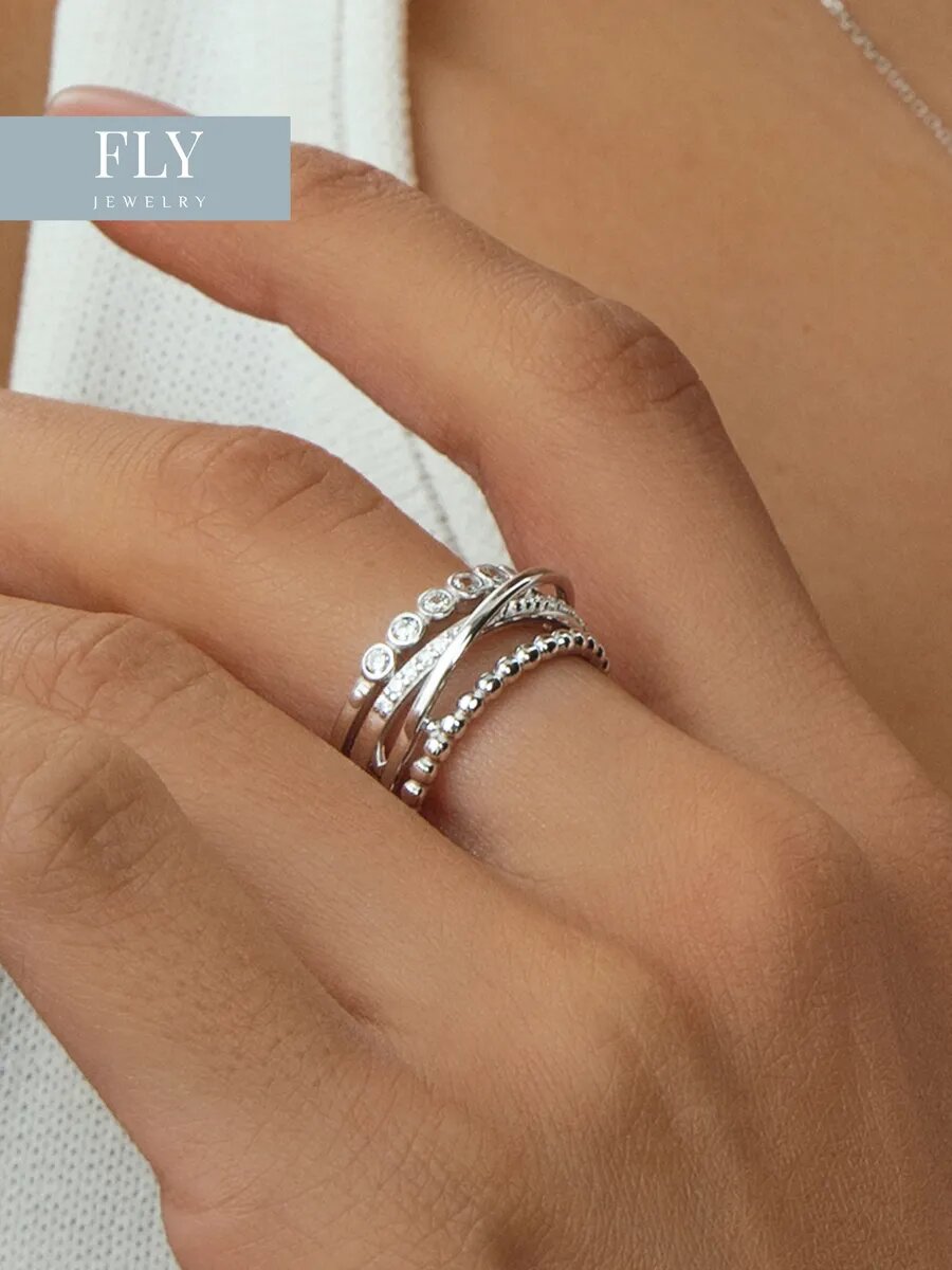 Кольцо дорожка, широкое, серебро, 925 проба, родирование, фианит