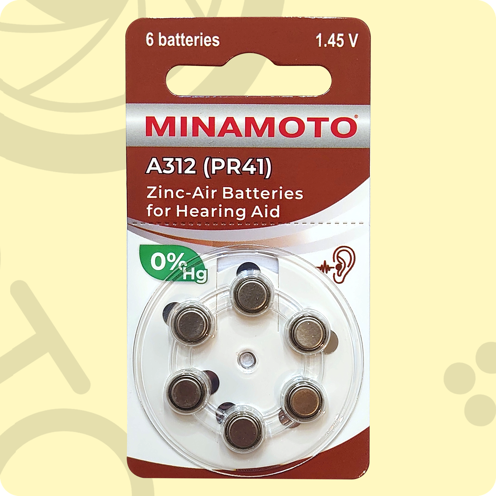 Minamoto 312 Коричневый (ZA312/PR41) | 1.45 Вольт, Воздушно-цинковые (ZincAir) батарейки для слуховых аппаратов - 6шт.