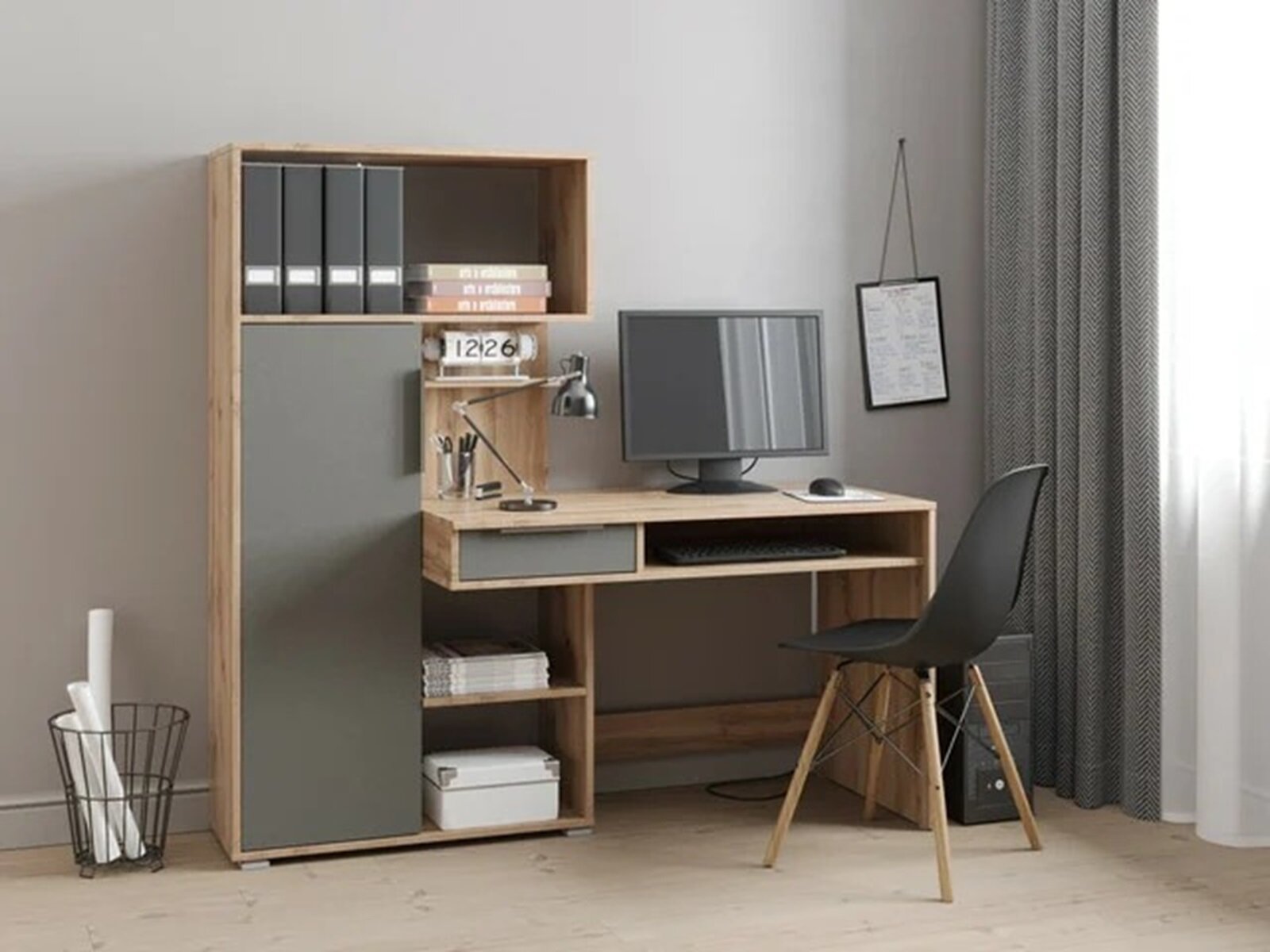 Стол письменный, стол компьютерный, Квадро, Дуб Вотан/Серый, 150x149x58 см (ШхВхГ)