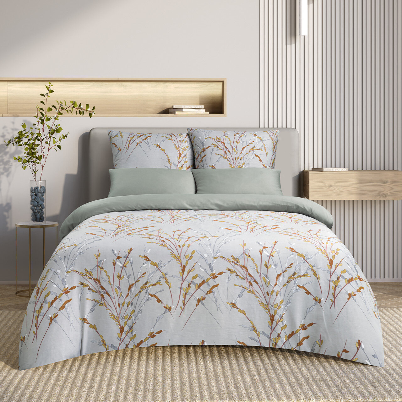 Постельное белье 2-спальное с пододеяльником на молнии Гармоника "Версилия", сатин, голубой, зеленый, Ecotex