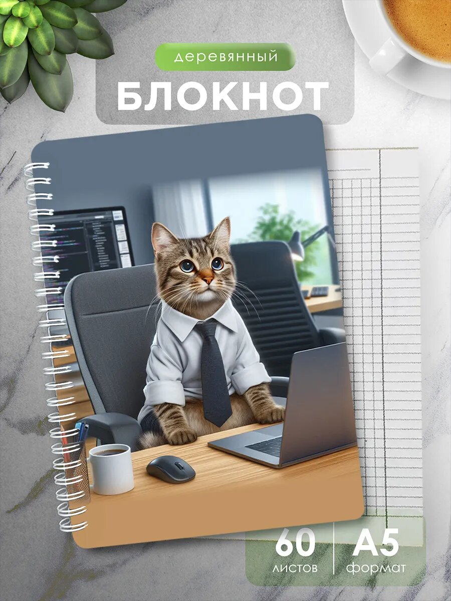 Блокнот деревянный Wood-Book с принтом с котиком, веб-разработчик в подарок ежедневник
