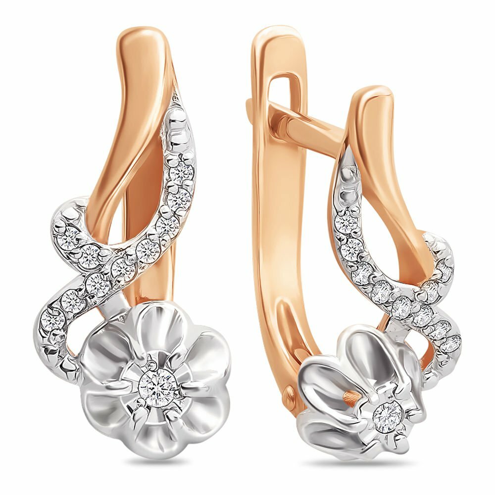 Серьги, красное золото, 585 проба, родирование, бриллиант