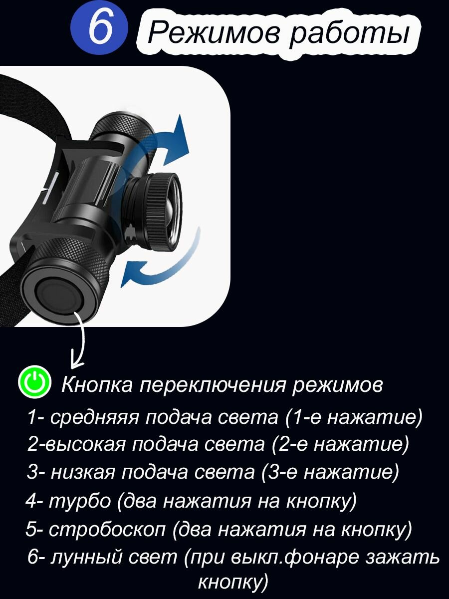 Фонарь налобный, водонепроницаемый, светодиод, 1100 лм, IP66, с аккумулятором 18650