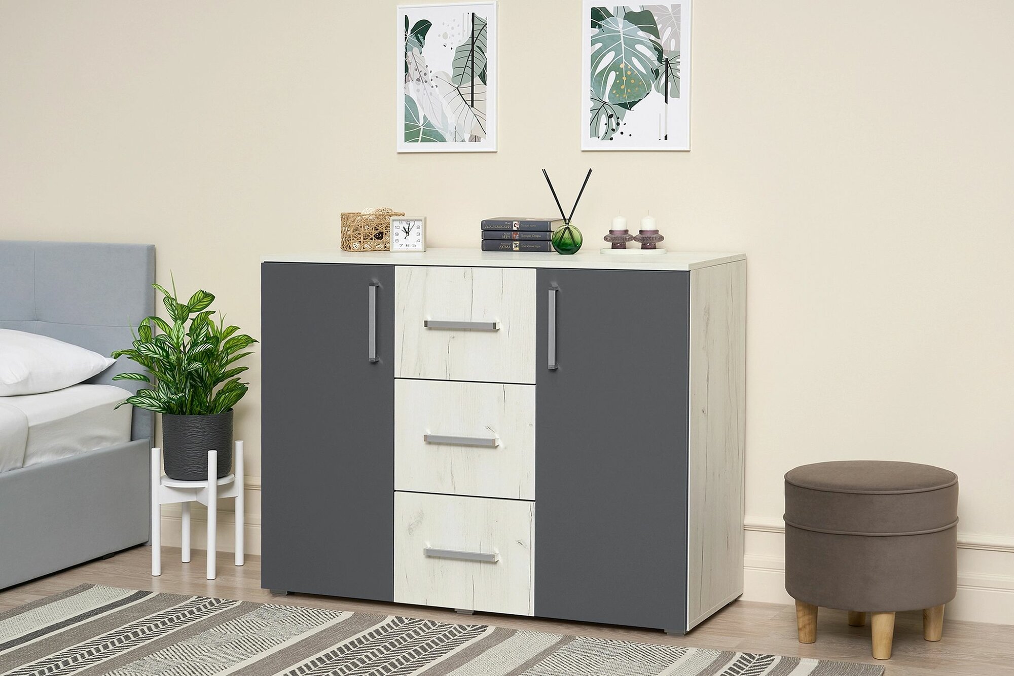 Фиеста NEW Комод 3 ящ 2 двери (1200) (Графит/Дуб Крафт Белый)