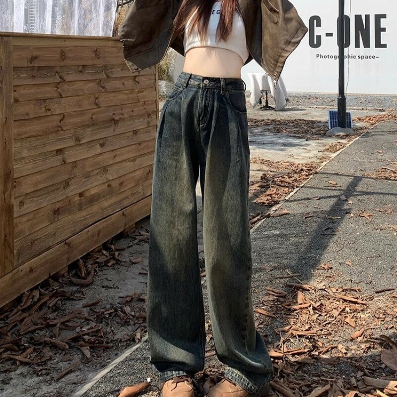 Женские джинсы LI Mall Цементно-серый широкий складной с мехом, Размер_