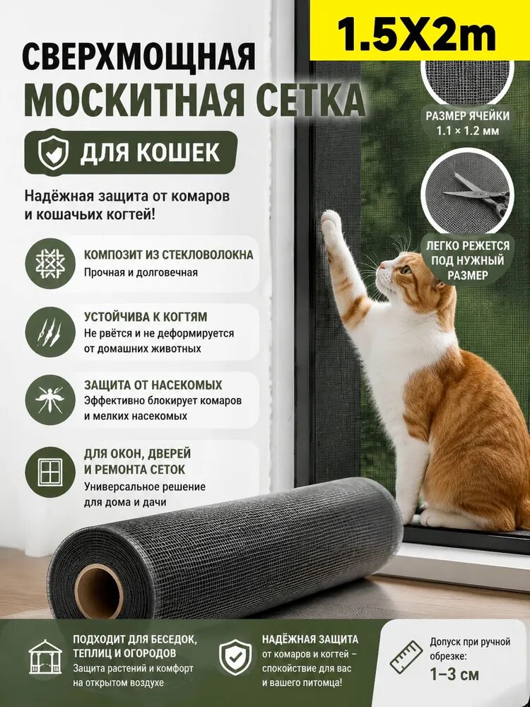 Антикошка 1.5х 2м москитная сетка повышенной прочности, полотно цельное
