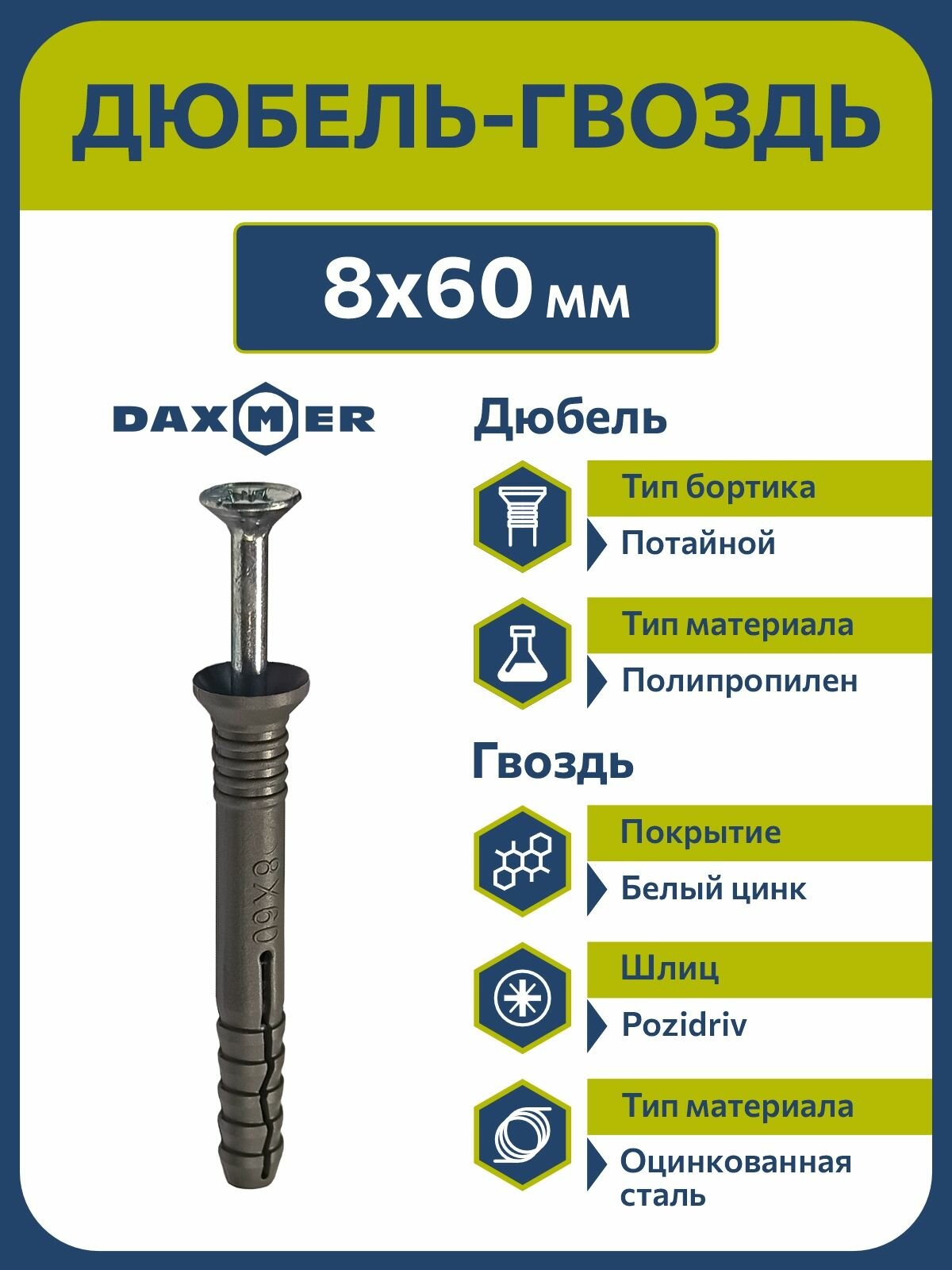 Дюбель-гвоздь 8х60 с потайным бортиком (100 шт)