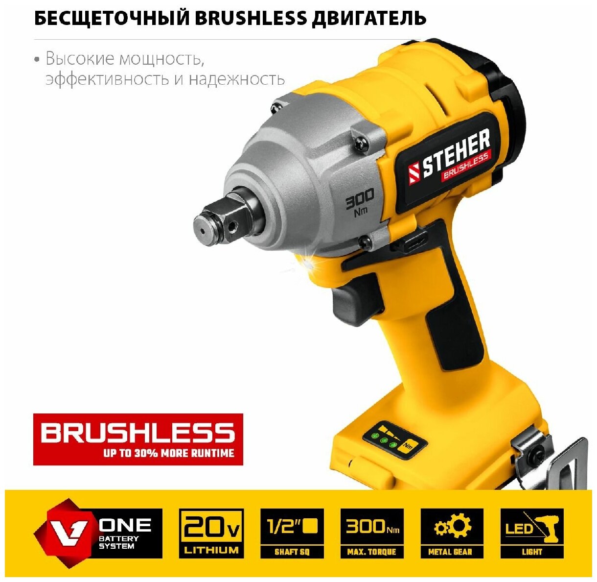 Бесщеточный гайковерт STEHER 20В без АКБ крутящий момент 300 Нм 3 скорости 2300 об/мин ударный 1/2 дюйма
