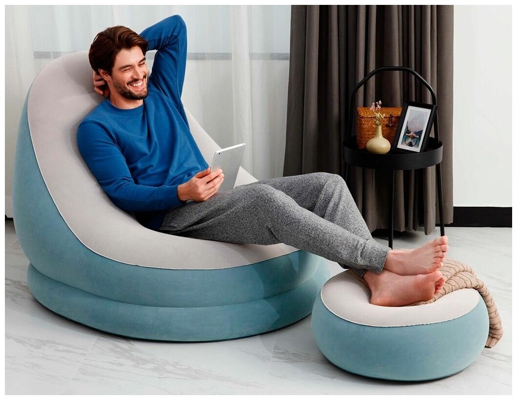 Надувное кресло Comfort Cruiser Inflate-A-Chair, голубой, 121х100х86 см, с пуфиком 54х54х26 см, BestWay, 75053-голубой
