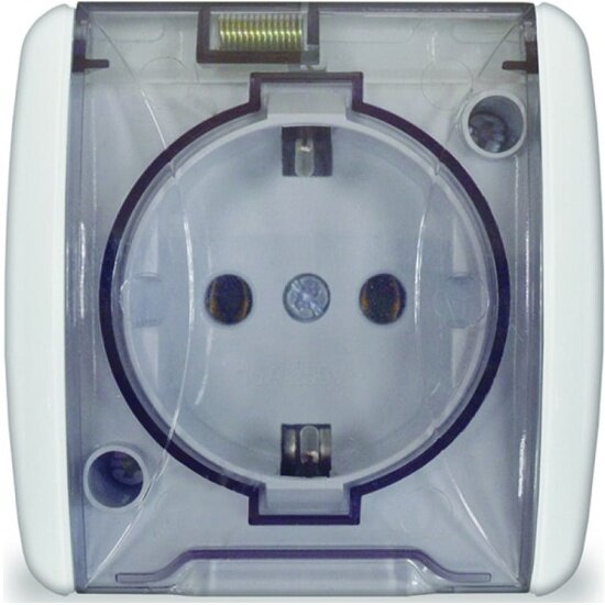 Розетка Universal 1-м ОП Клио 16А IP44 с заземл. с прозр. крышкой бел, К2229