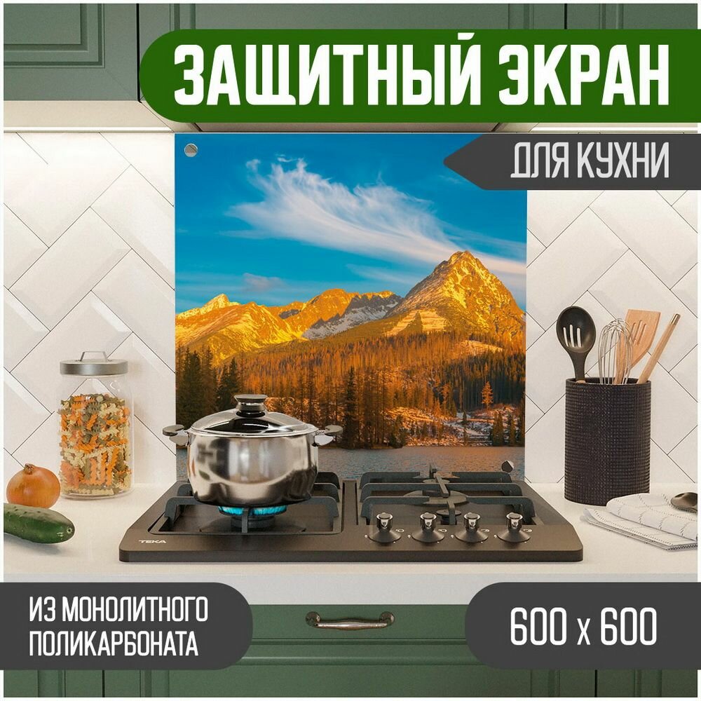 Фартук для кухни, Защитный экран из акрилового стекла (поликарбонат) на кухонный фартук в зону мойки и плиты с фотопечатью. Панель на стену с рисунком Пейзаж 600 х 600 х 3 мм, 600-014