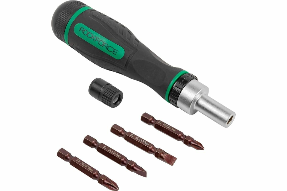 Отвертка реверсивная ROCKFORCE RF-32805MR "5 в 1", с набором бит, PH1; PH2; SL5; SL6