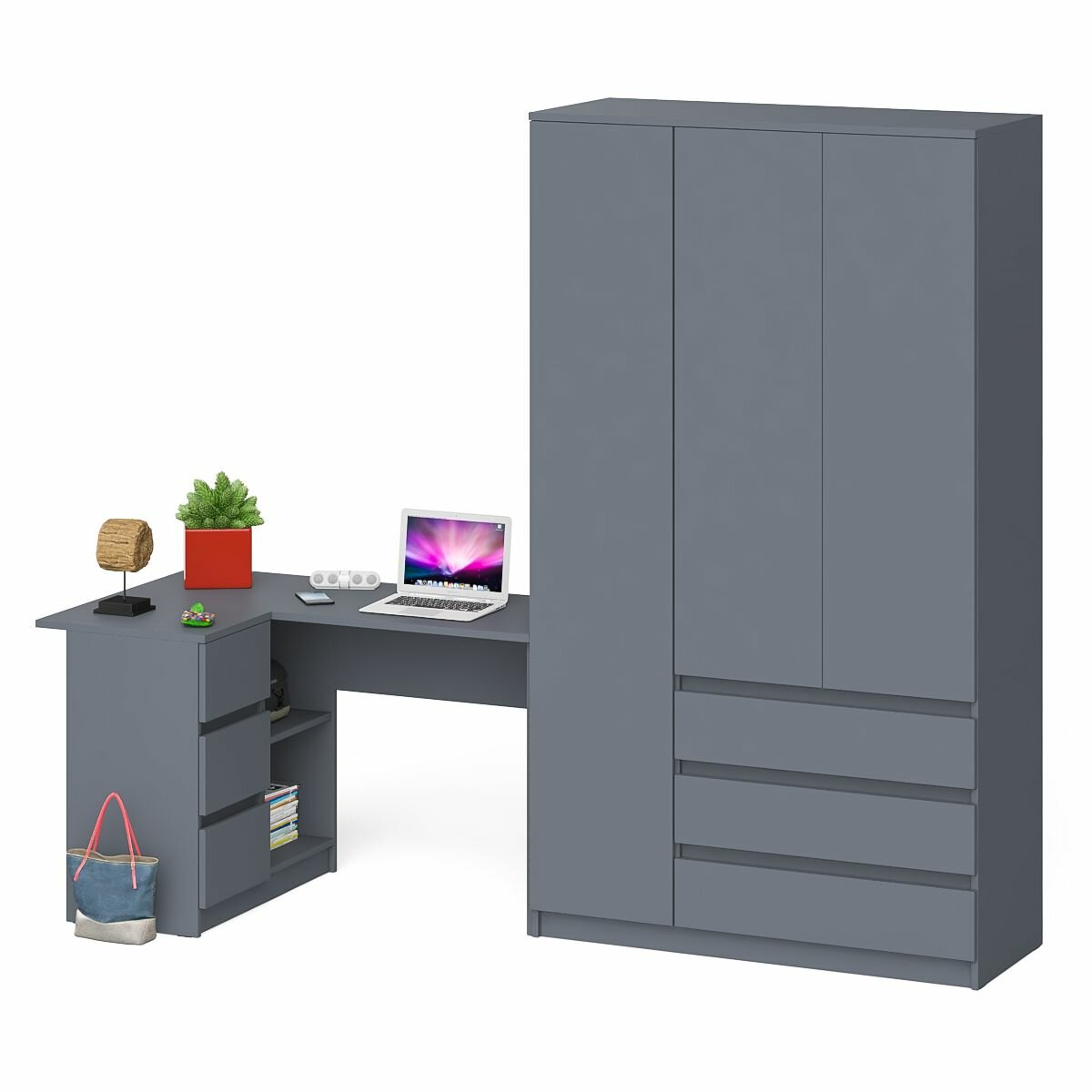 Компьютерный стол угловой СВК Мори МС-16 левый со шкаф-комодом с дверкой цвет графит, 244,8х84,9х209,6 см.