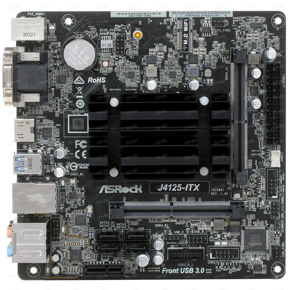 Материнская плата ASRock J4125-ITX (J4125-ITX) - BGA1090, SoC (система на кристалле), 2хDDR4-2400 МГц, нетхPCI-Ex16, Mini-ITX