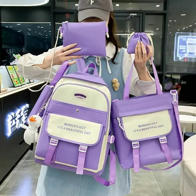 Рюкзак школьный, унисекс, сиреневый, 43x32x14 см, с сумкой для сменной обуви и пеналом