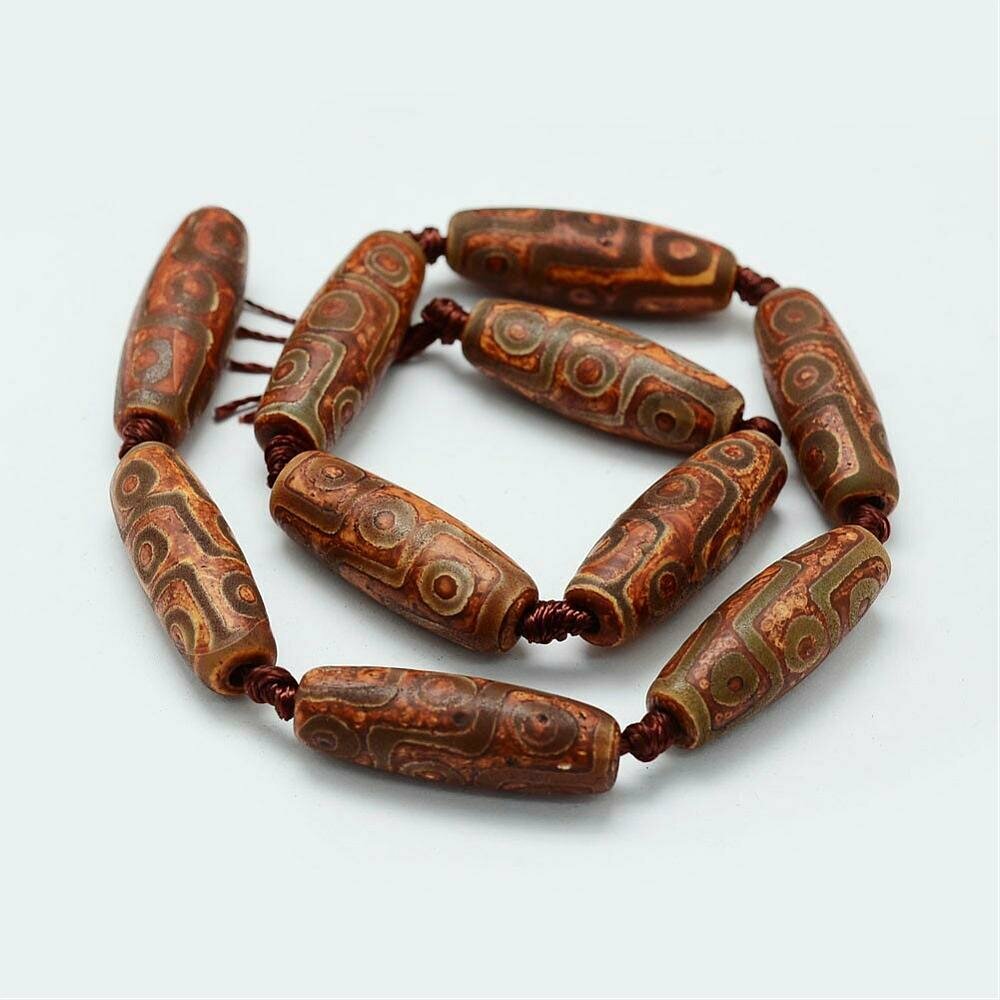 Бусины каменные, агат Дзи, 9 глаз, 30х11мм, оранжево-бежевые с серо-коричневым, 5 шт, низка