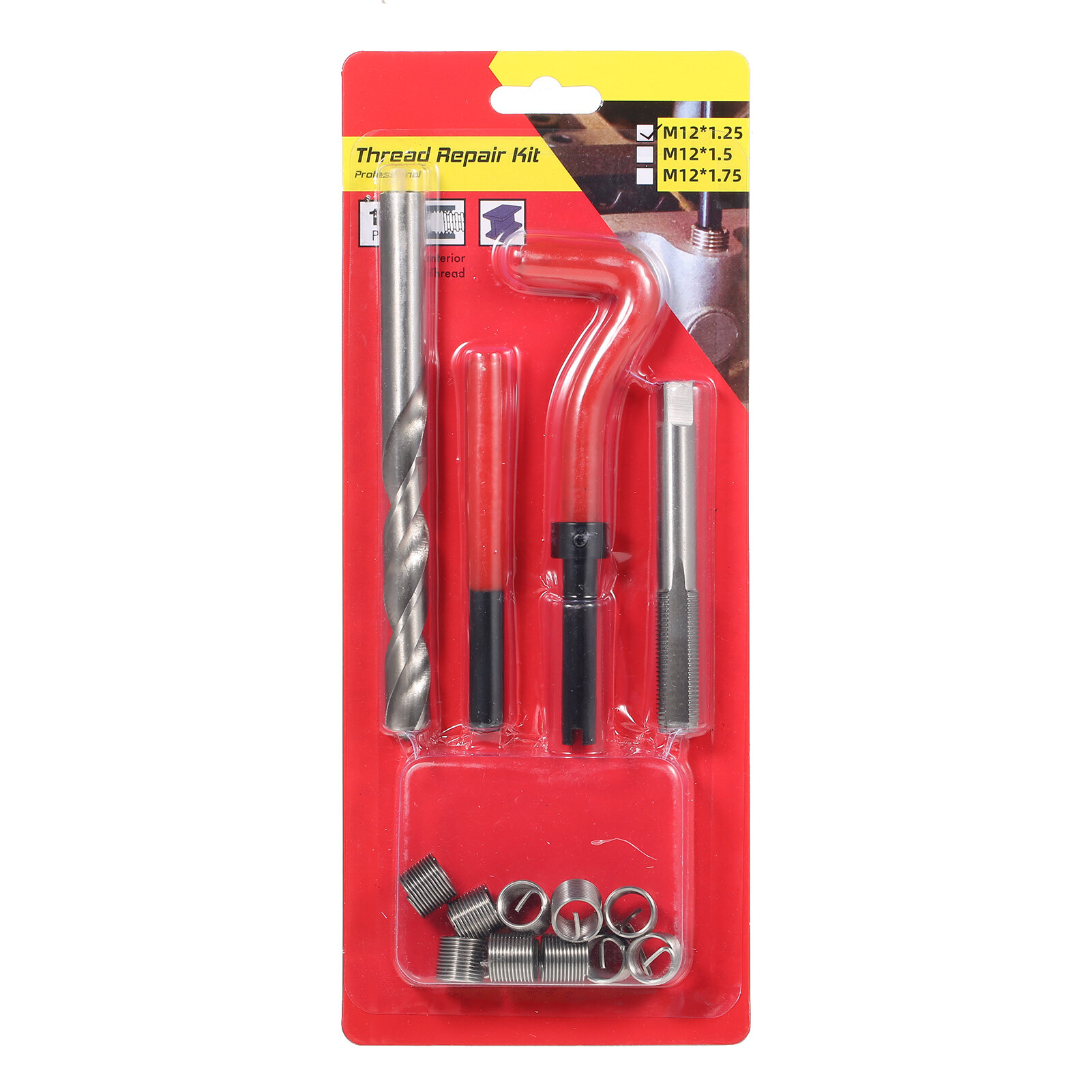 Набор для ремонта метрической резьбы из стали серебристого цвета Helicoil Car Pro Coil Tool, включающий 15 штук размеров M5, M6, M8, M10, M12, M14, M12*1.25, с упаковкой 21*17*3см и весом 380г