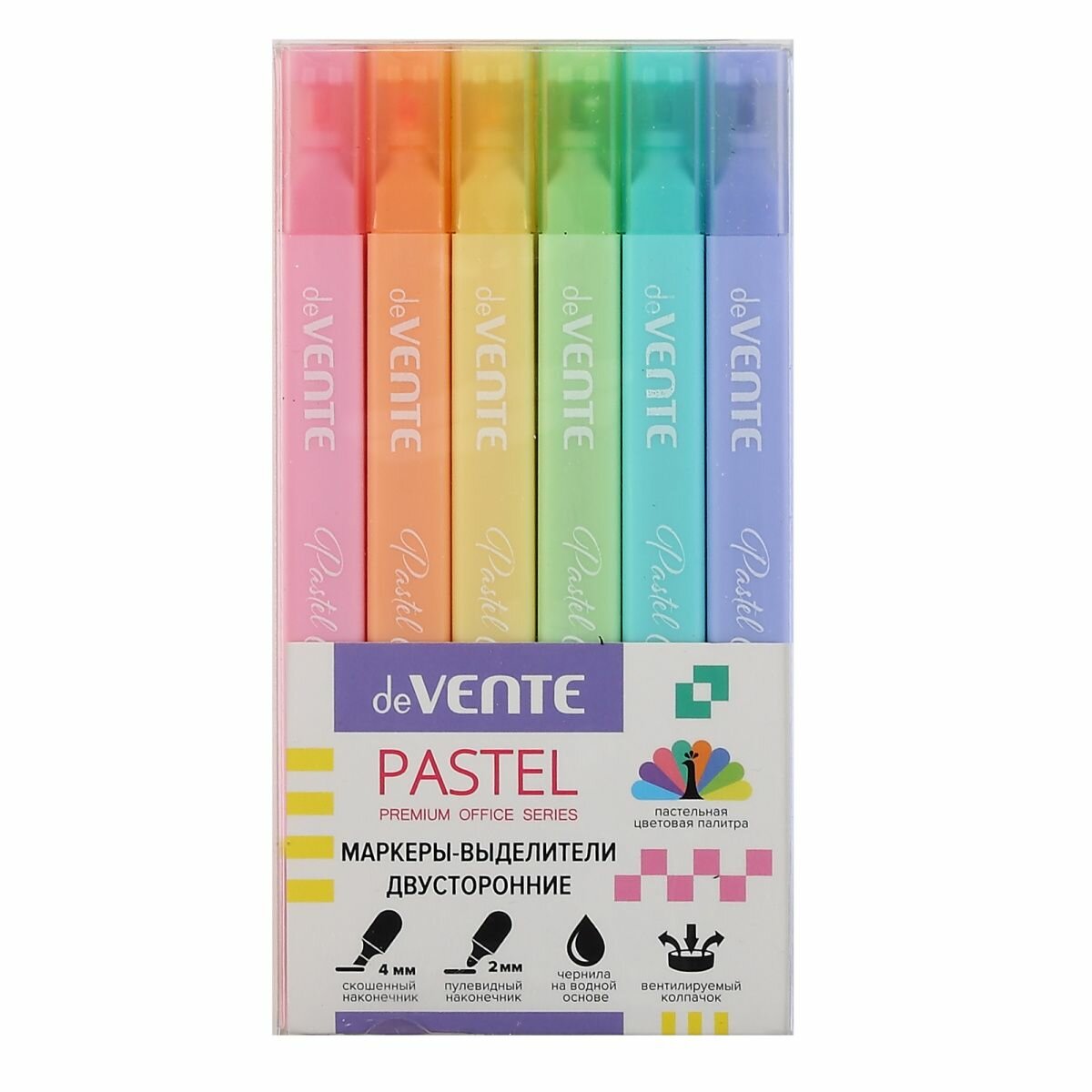 Набор текстовыделителей deVente "Pastel", 6цв. пулевидный 2мм, скошенный 4мм, двусторонние