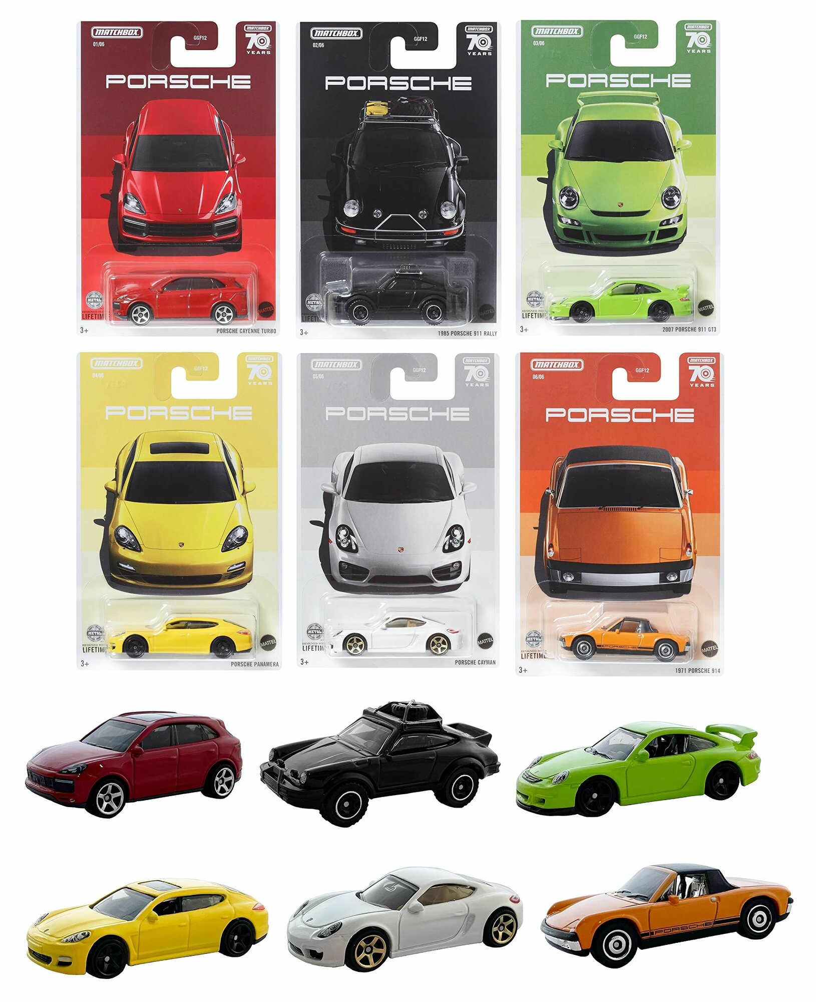Машинка коллекционная Matchbox 2024 GGF12-1/64 70th anniversary Porsche,6 шт. в комплекте