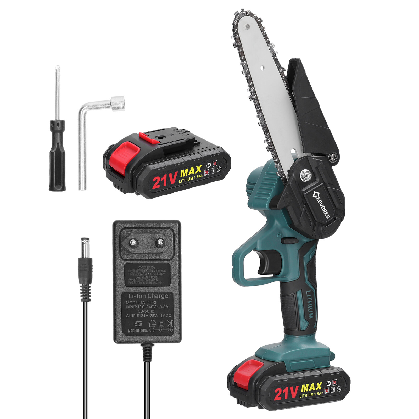 21 В 6-дюймовая портативная электрическая пила для обрезки веток, перезаряжаемая, небольшая цепная пила для колки древесины, одноручный инструмент для работы по дереву в саду или фруктовом саду, зажим для веток