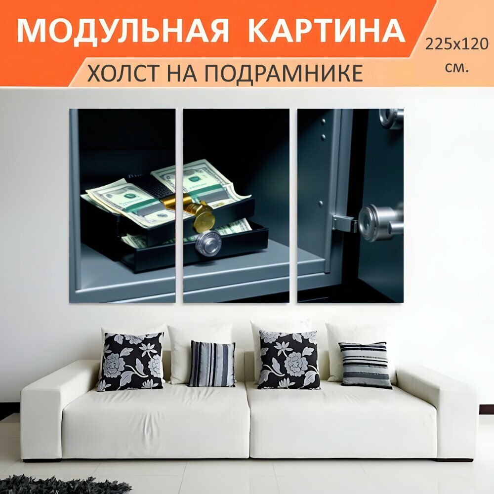 Модульная картина на холсте "Деньги, лежащие в открытом сейфе" триптих на подрамнике 225х120 см. для интерьера