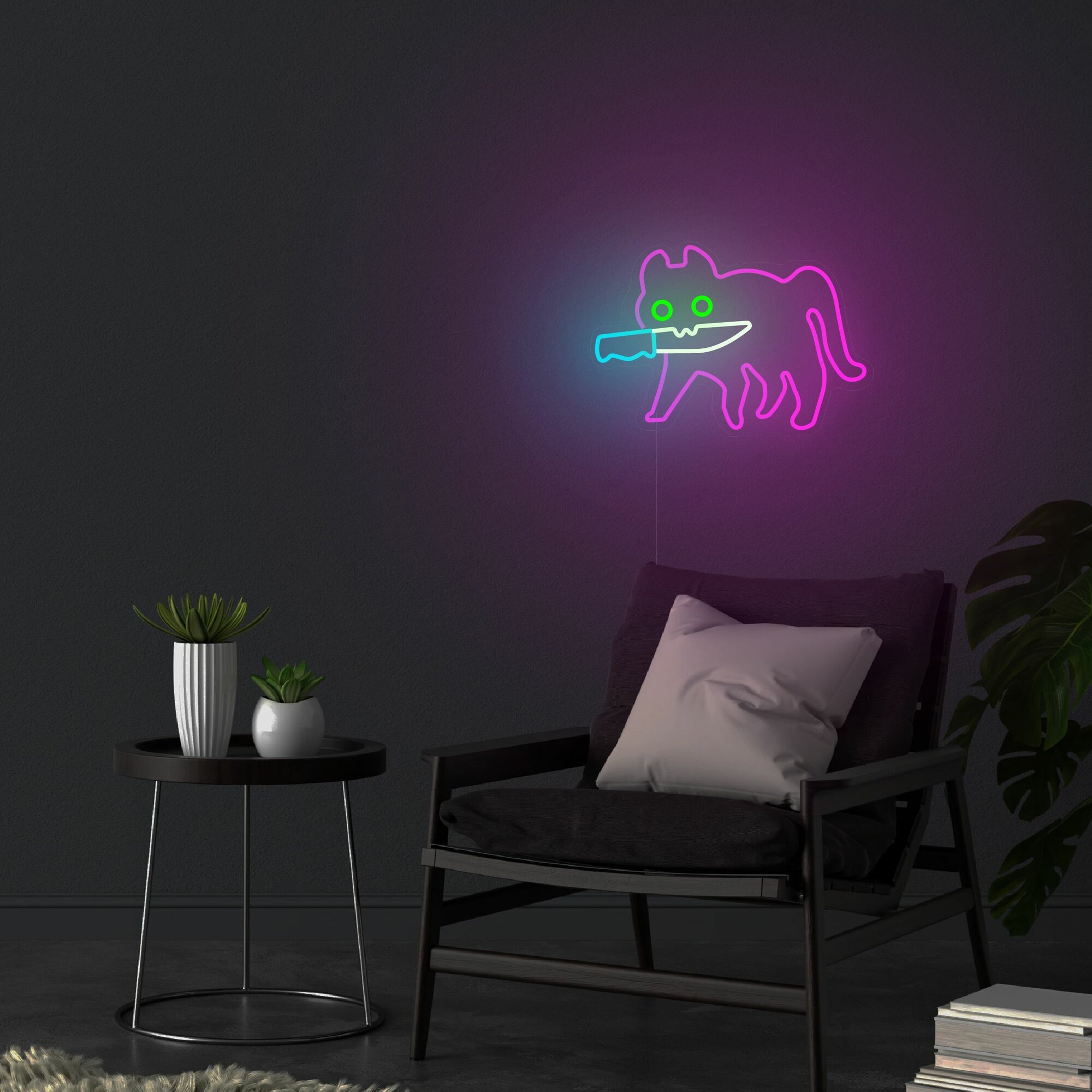 Светодиодный светильник из LED неона с регулятором яркости "Котик с ножом" розовый