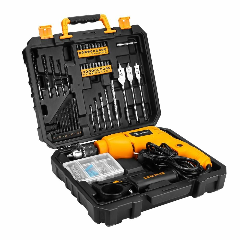 Дрель ударная сетевая DEKO DKID600W + набор инструментов 92 предмета в пластиковом кейсе