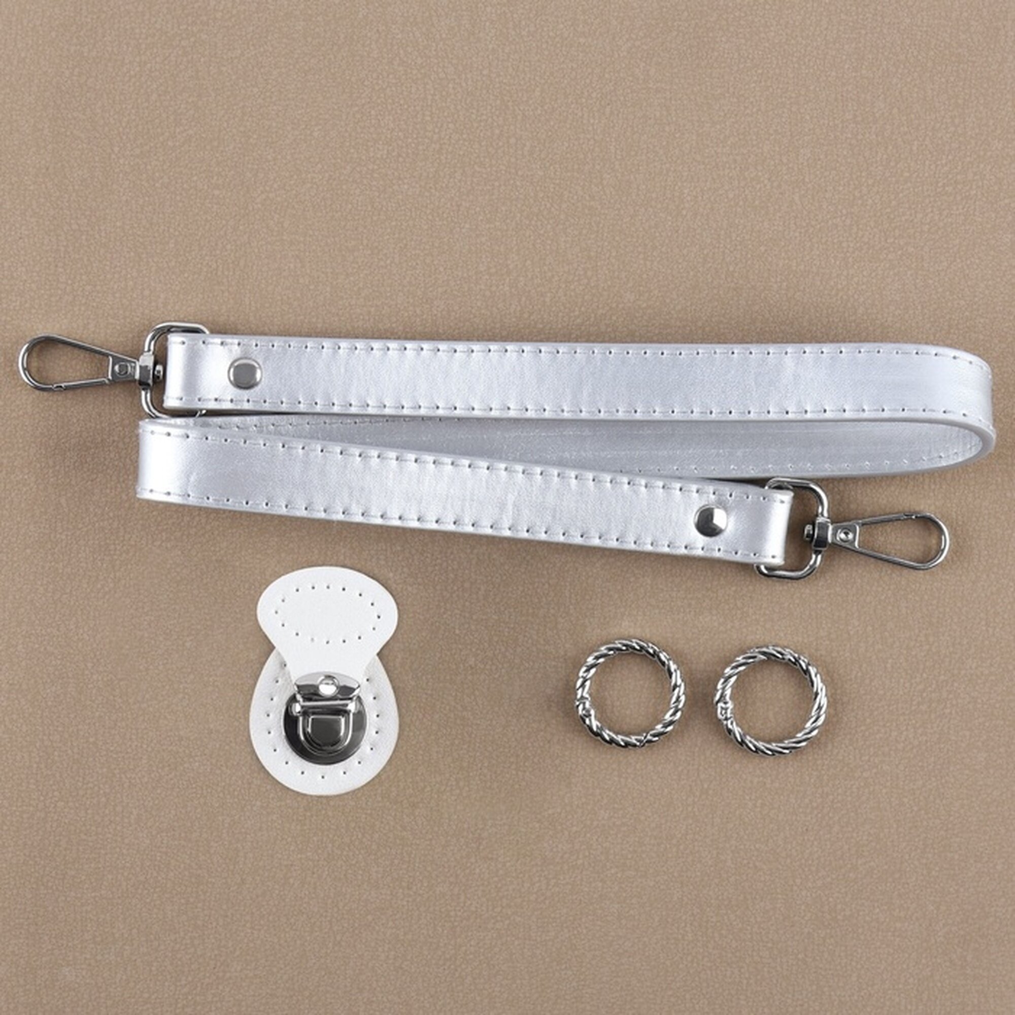 Набор для создания сумки, 4 предмета, кольцо-карабин - 2 шт, ручка, застёжка, белый, серебряный