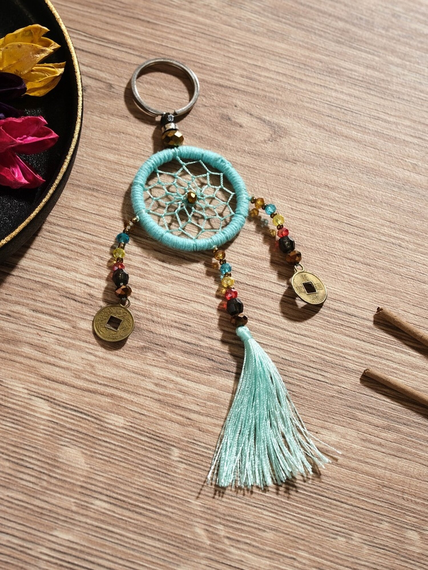 Брелок Сима-ленд «Ловец снов», фигурный, металл, текстиль, пластик, голубой, 4×15 см