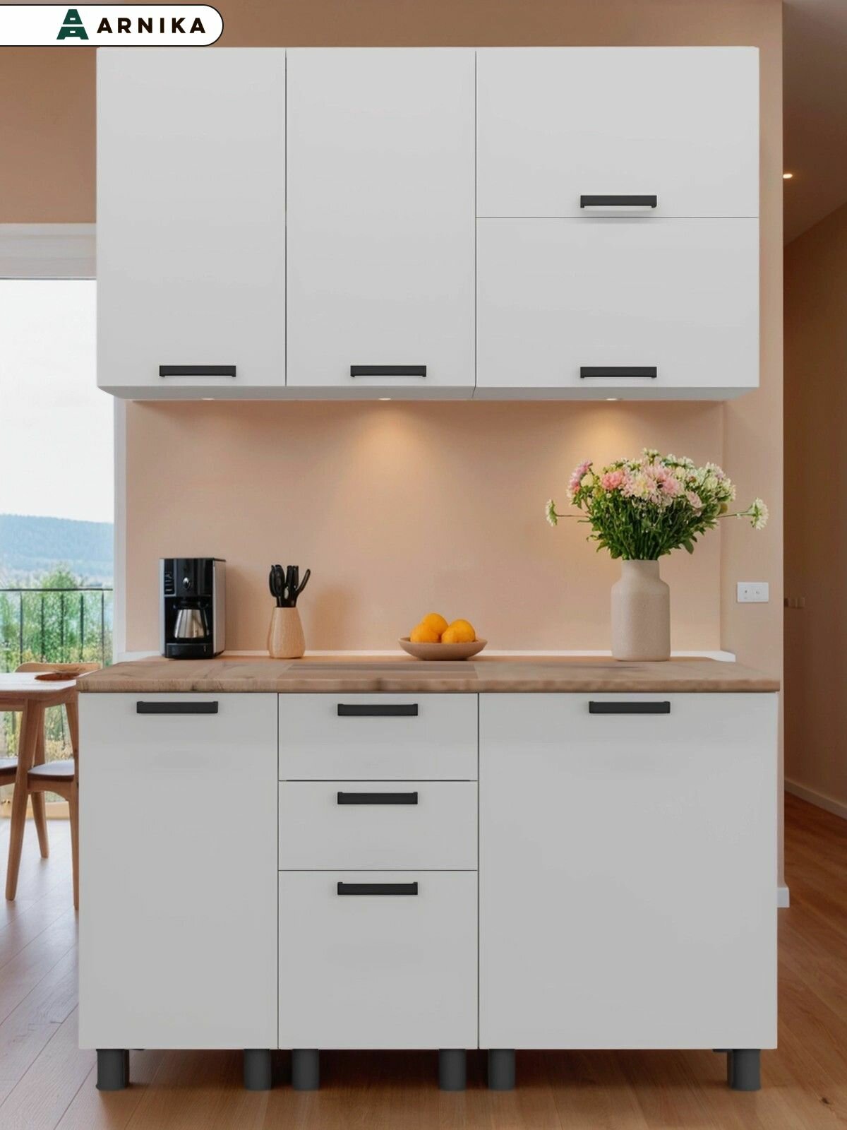 ARNIKA 1,4м с ящ. Лаванда Молочный, скоба черный, сонома