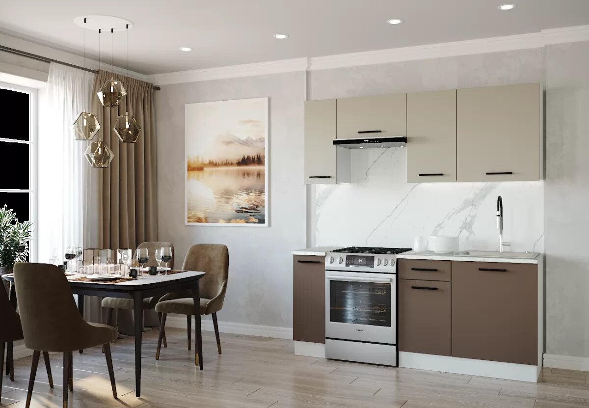 Кухонный гарнитур Sanvut Латте-1800 столешница 38 мм, каркас ЛДСП, фасад ЛДСП, Белый/Сатин/Мокко