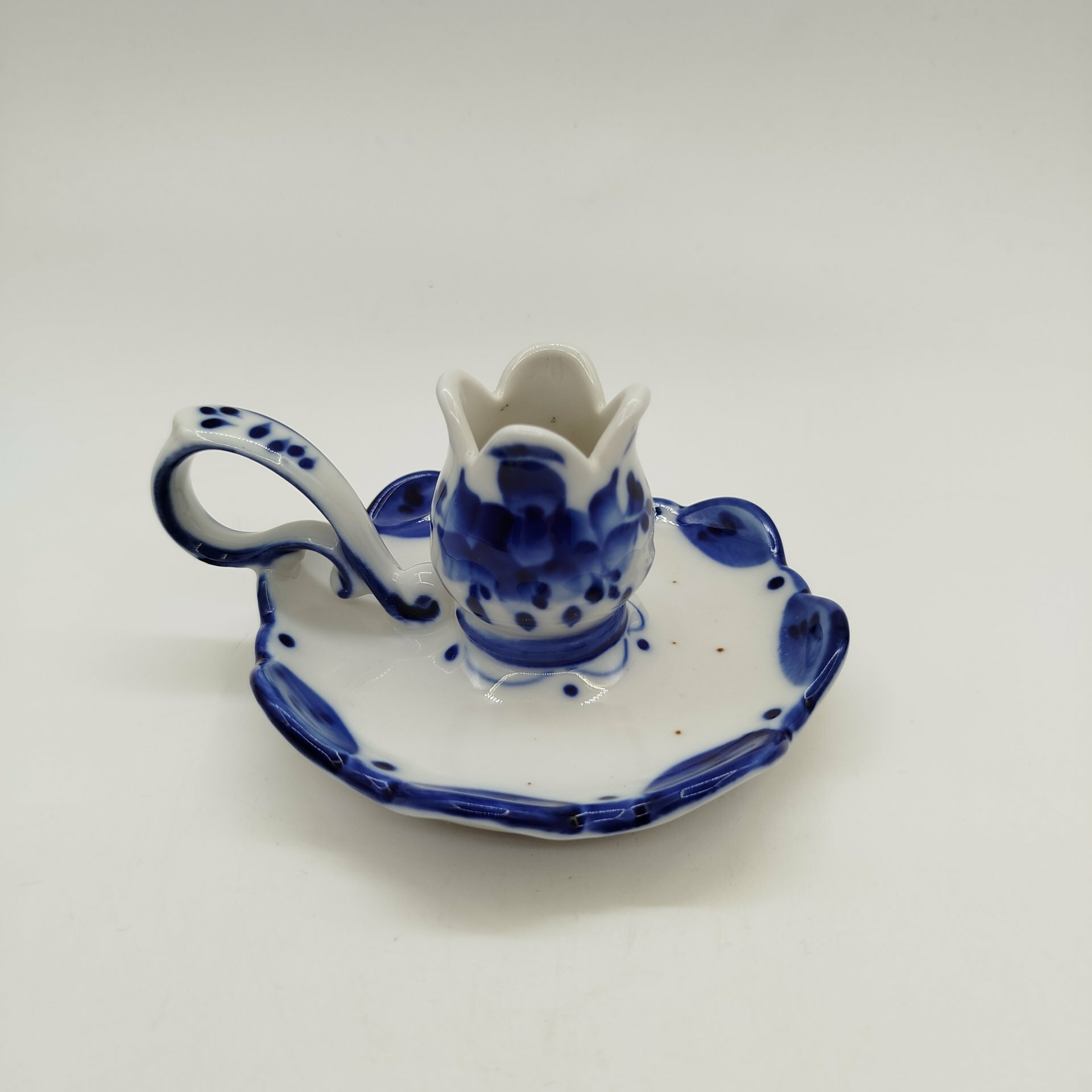 Подсвечник с растительным декором на одно свечу, Гжель, фарфор, роспись, Россия