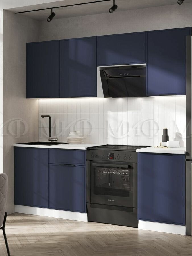 Кухонный гарнитур Николь 2м холст сапфировый/корпус графит со столешницей миф