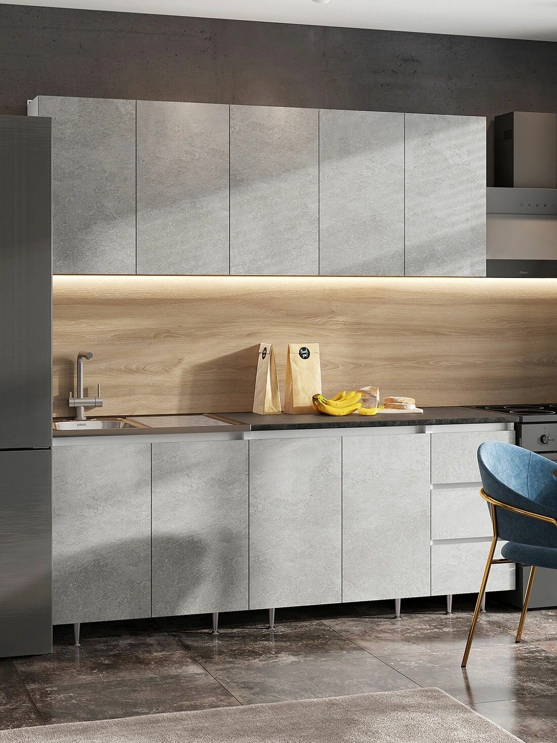 Кухня Челси 2,0м (Бетон светлый, Белый (Кастилло темный))