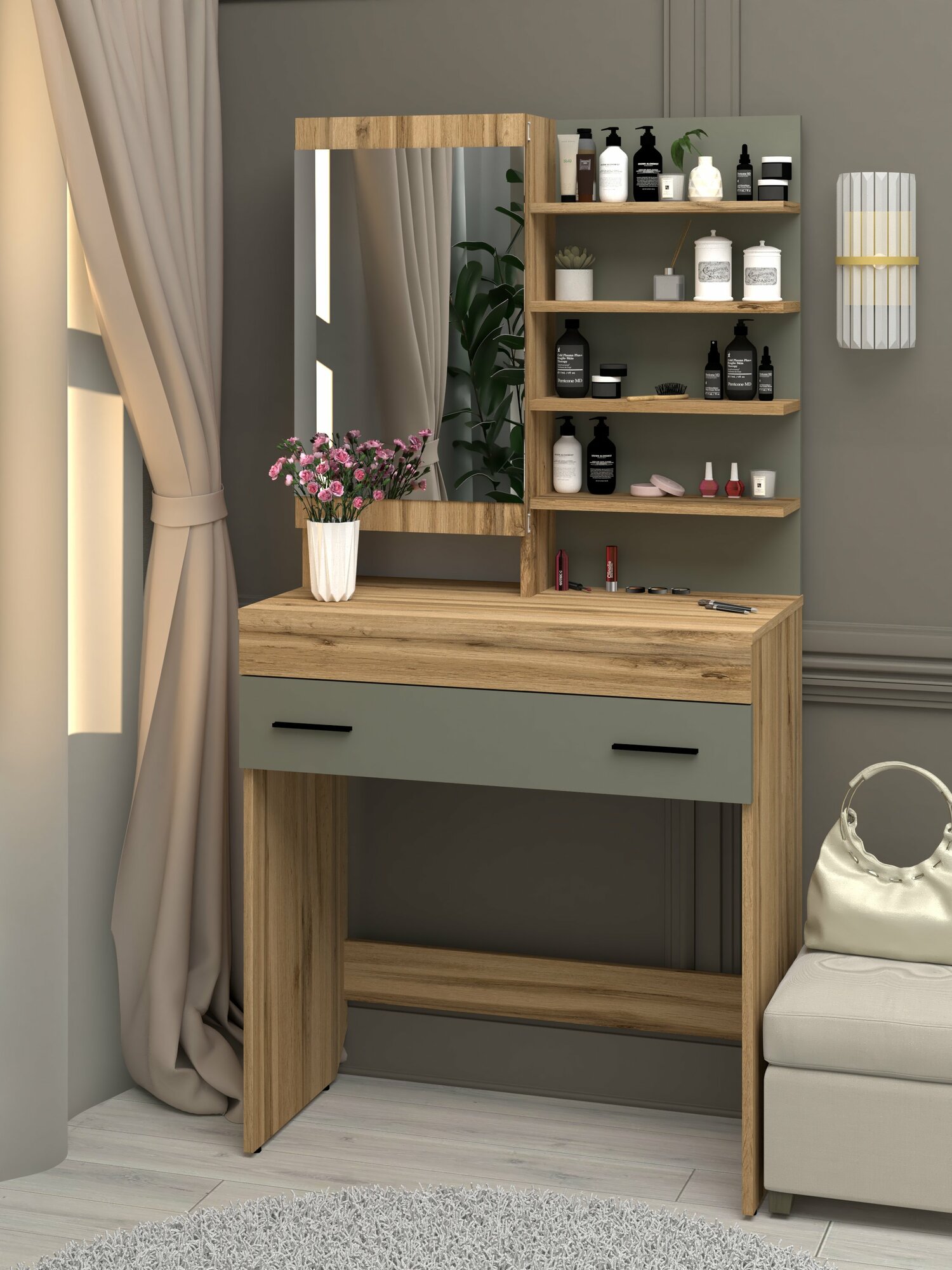 Есэндвич Депо-5 Косметический столик с зеркалом 80х160х40 см (Дуб вотан/Хаки) с полками, с ящиком