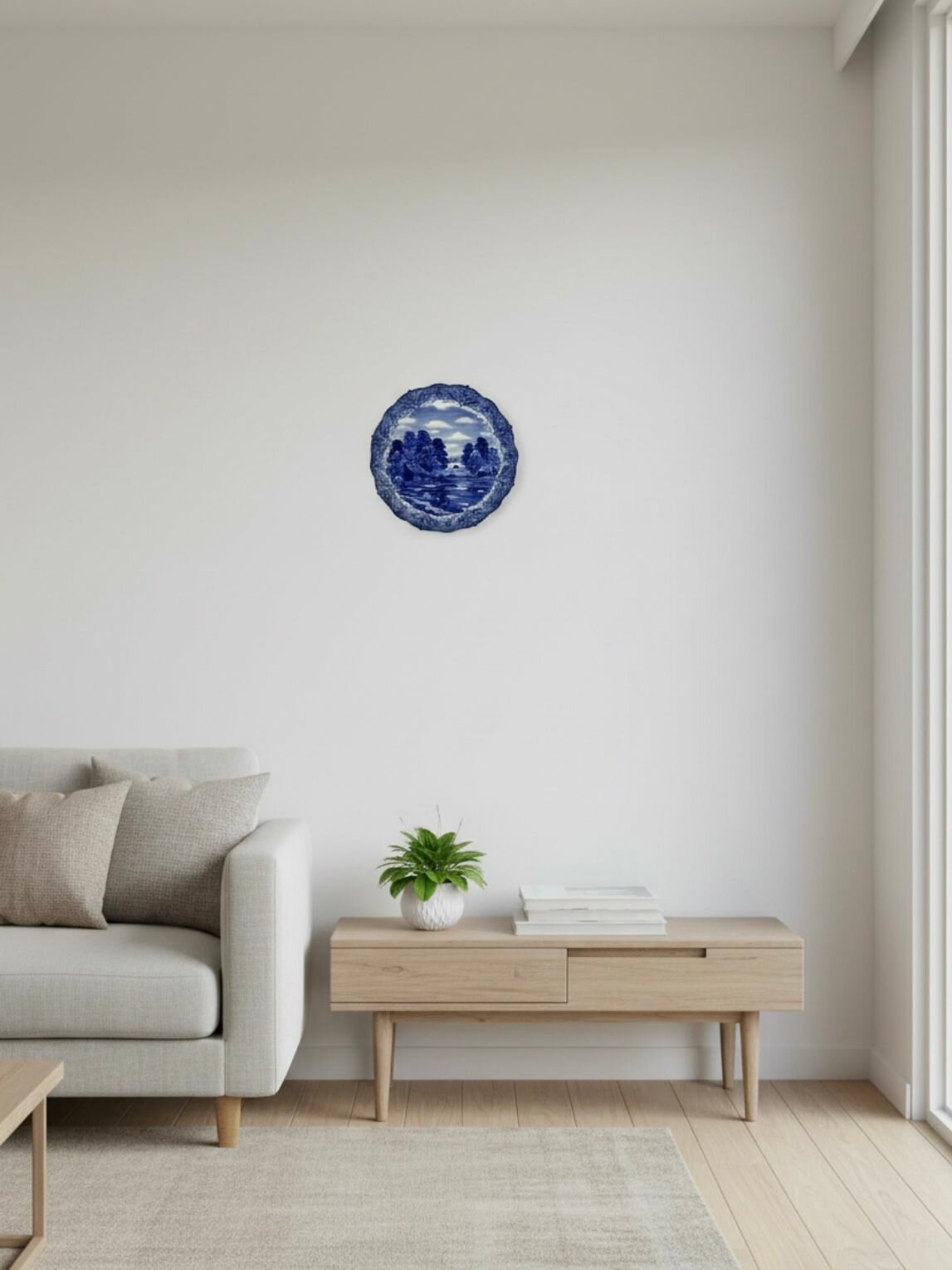 Тарелка настенная декоративная панно "Пейзаж" D 29 см гжель фарфор ручная работа