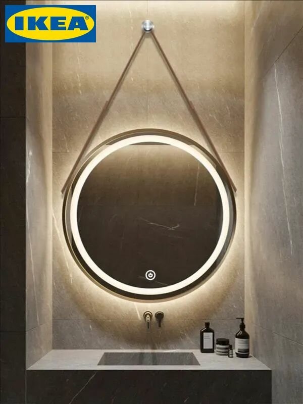 Зеркало для ванной круглое, Подвесной, со светодиодной подсветкой и эффектом предотвращения запотевания