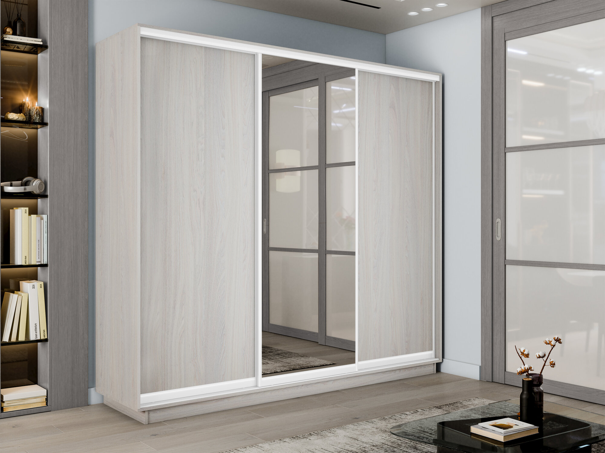 Шкаф купе Вилли 3-х дверный ЛДСП с зеркалом, профиль белый 180 см х 220 см х 45 см (Ясень анкор-светлый)