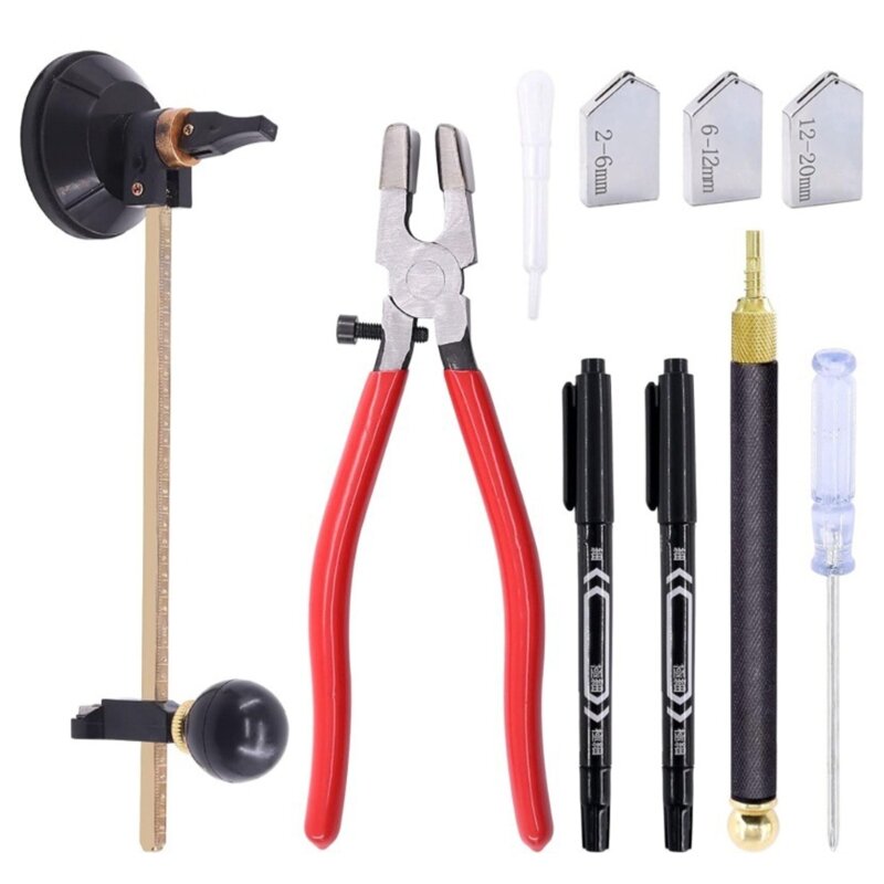 Регулируемый Круглый Стеклорез с Круглой ручкой-Набалдашником и Присоской со Стеклянными Плоскогубцами Стеклорез для резки стекла