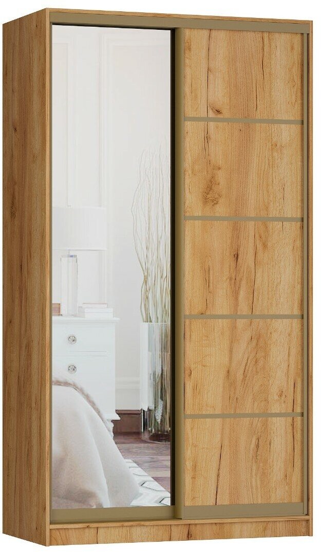 Шкаф купе, для одежды Кельн 2, Легкомаркет, 160х45х240, белье/платье, дуб крафт золотой, профиль шампань, с зеркалом