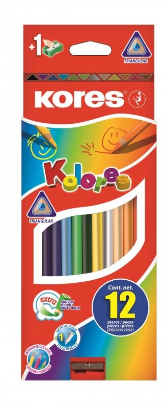 Карандаши цветные 12цв 3-гран, точилка Kores 93312.01