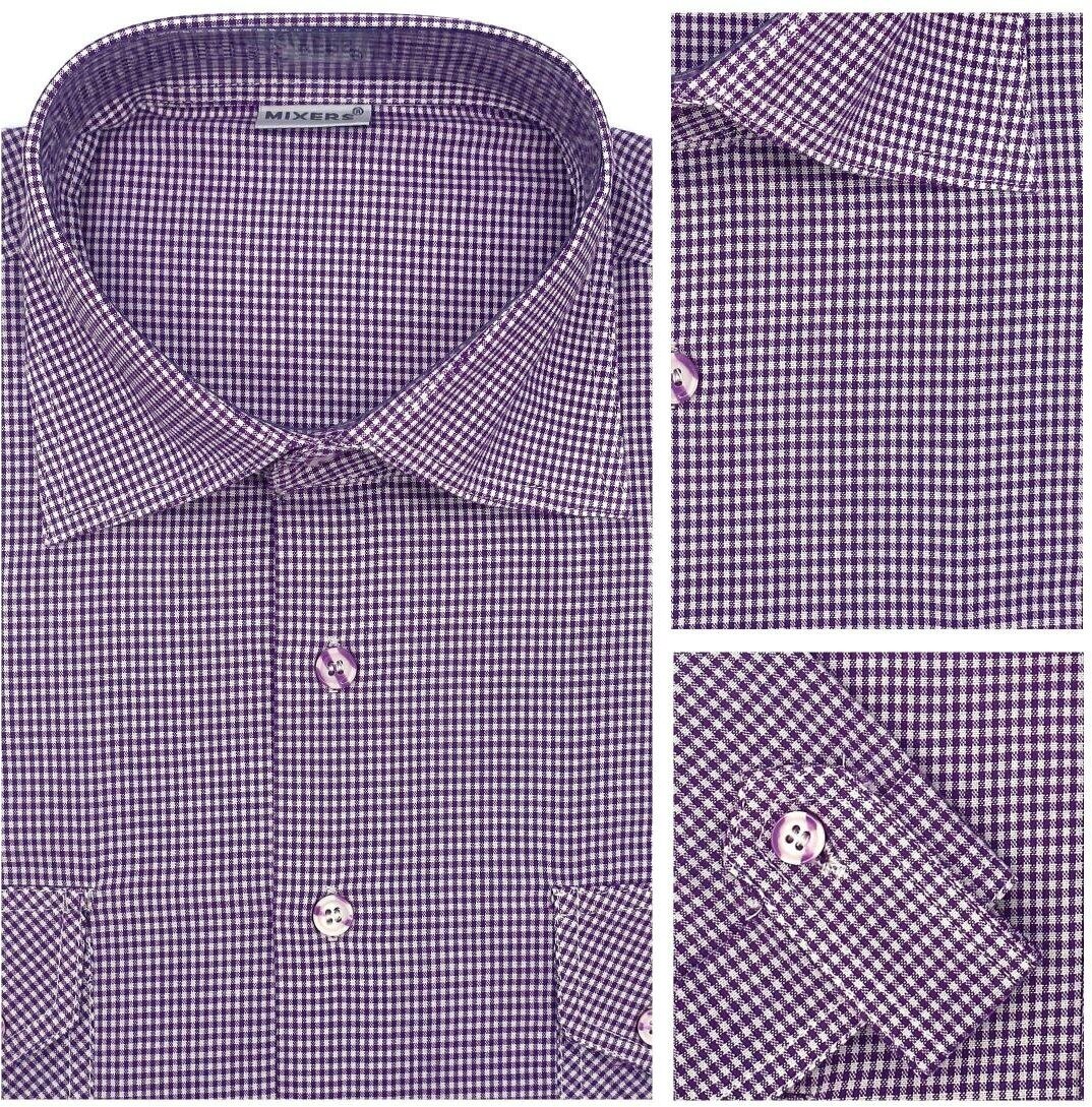 Рубашка приталенная с коротким рукавом мужская рубашка, светлая сорочка, на пуговицах, рубаха на любой сезон, фиолетовая клетка, с карманами, летняя рубашка