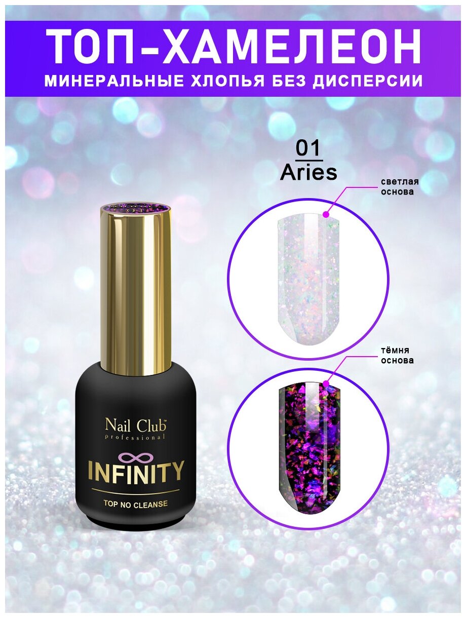 Nail Club Топ гель с минеральными хлопьями без липкого слоя INFINITY 01 Aries, 18 мл