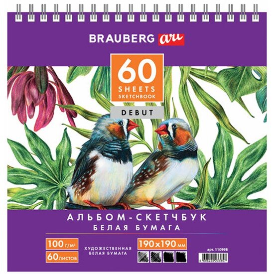 Скетчбук Brauberg , белая бумага 100 г/м2, 190х190 мм, 60 л, гребень, жёсткая подложка, ART "DEBUT", 110998
